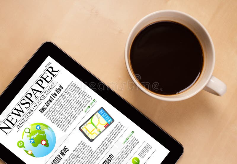 Tablet Pc Shows News on Screen with a Cup of Coffee on a Desk Stock ...