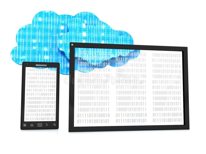 Tablet Pc and Smartphone Around Virtual Cloud with Binary Codes. Stock ...