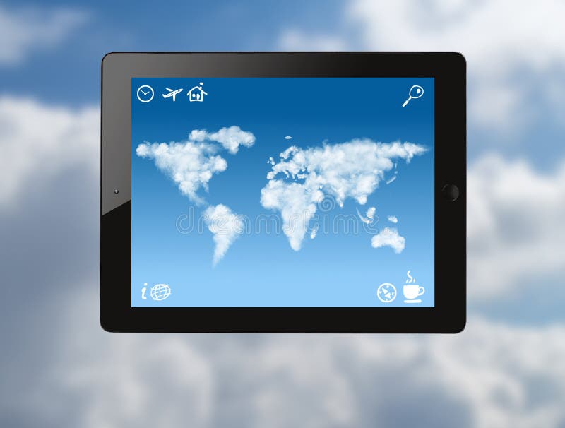Tablet Pc with World Map Made of Clouds Stock Illustration ...