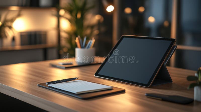 Tablet Pen Notepad on Wooden Desk in Office Setting Stock Illustration ...