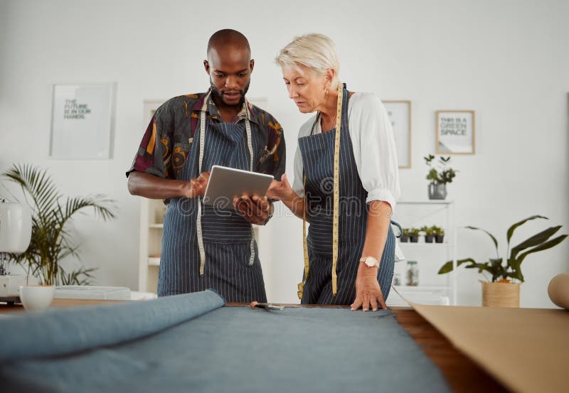 Tablet, People and Discussion on Fabric in Office, Tailor and Online ...