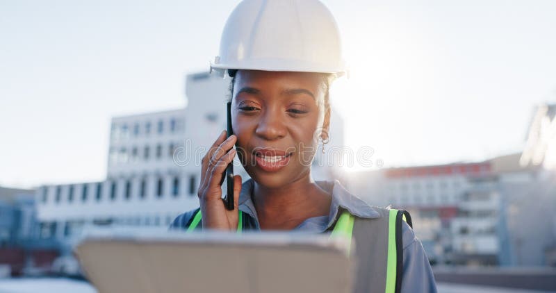 Tablet, Phone Call and Construction Engineer on Site with Communication ...