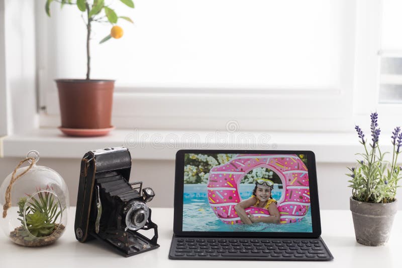 Tablet, Photo Camera on an Office Desk Stock Photo - Image of creative ...