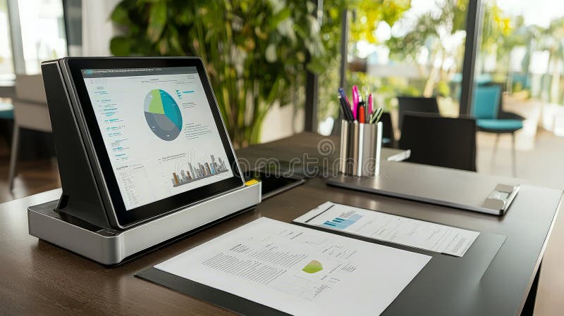 A Tablet with a Pie Chart on the Screen is Placed on a Desk, with ...