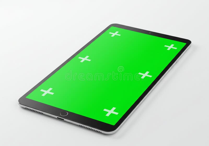 A Tablet Placed on a White Surface, Featuring a Green Screen with White ...