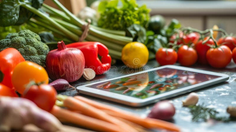 Tablet on Table Surrounded by Vegetables Stock Photo - Image of ...