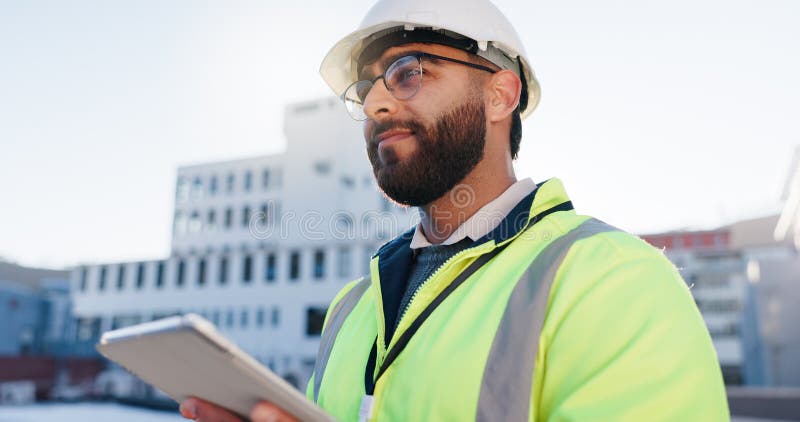 Tablet, Planning and Construction Engineer on Site with Communication ...