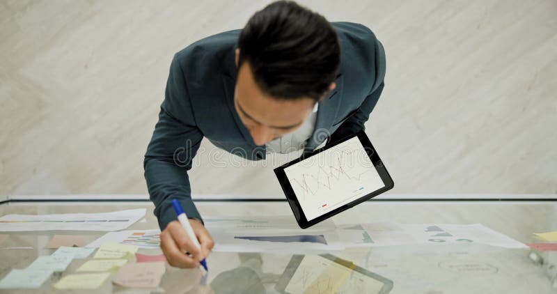 Tablet, Planning and Writing on Glass with a Businessman in His Office ...