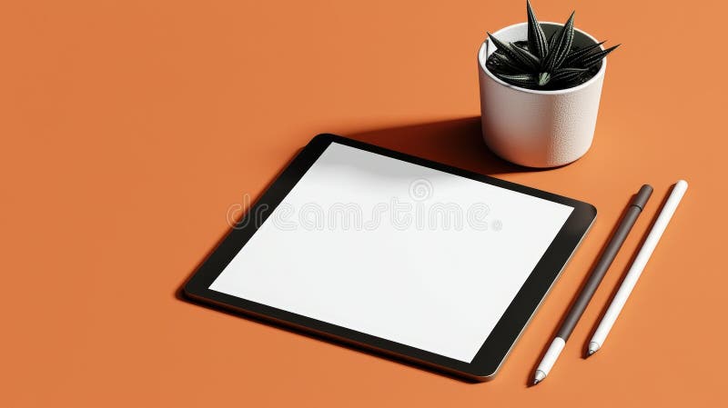 Tablet Plant and Pens on an Orange Surface Stock Illustration ...