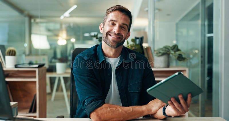 Tablet, Portrait and Smile with Business Man in Office for Planning, Ui ...