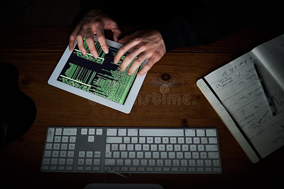 Tablet, Programmer Hands and Code Screen with Software for Hacking ...