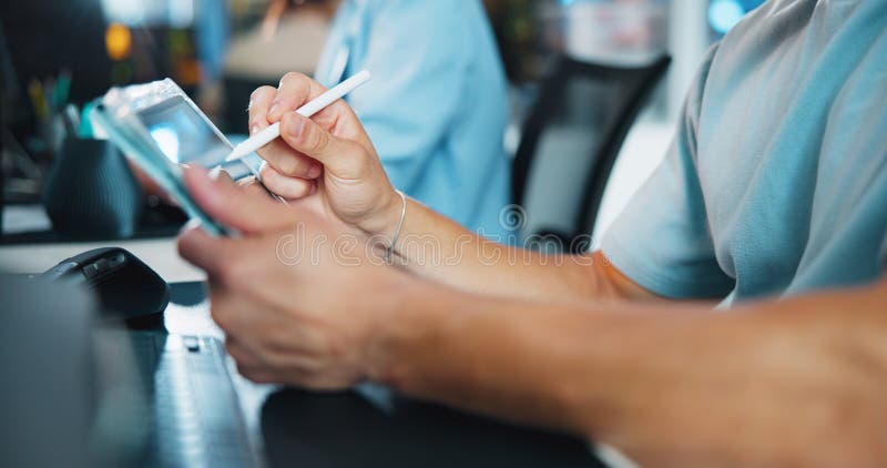 Tablet, Programmer and Stylus with Hands of Person in Office for Game Designer, Coding App and ...