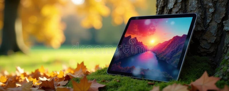 Tablet Propped Against Tree, Scenic Background, Environment, Scenic ...