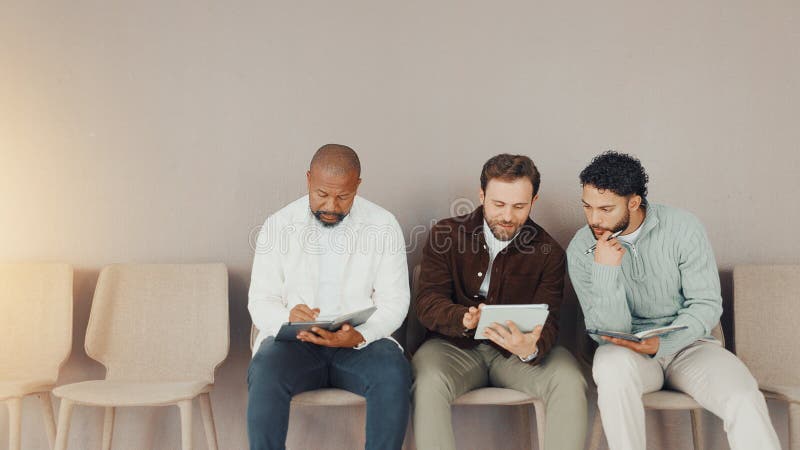 Tablet, Recruitment and Waiting Room with Business Men for Hiring, Show Cv or Planning with ...