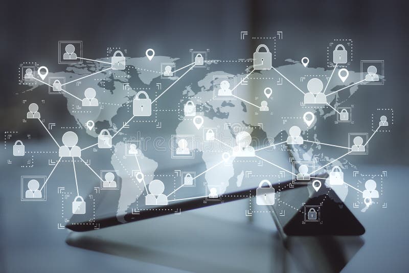 Tablet with Remote Work and Social Media Network Hologram Stock Image ...