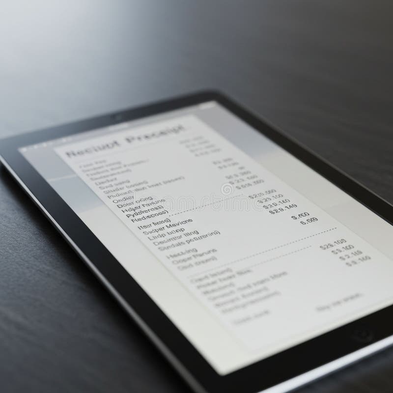 A Tablet Rests on a Dark Surface, Displaying a Digital Receipt. the ...
