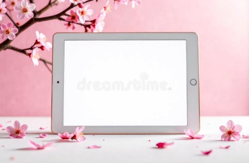 A Tablet Rests on a Table with Cherry Blossom Petals, Set Against a ...