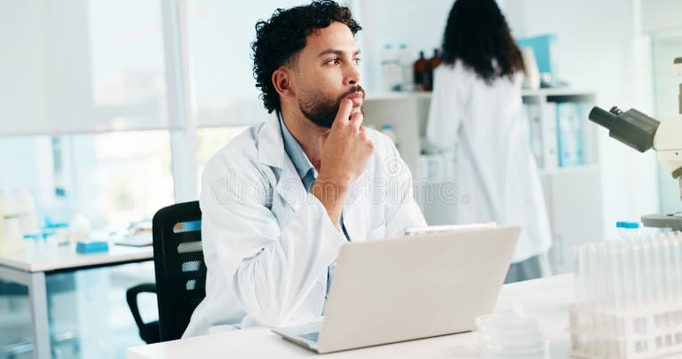 Tablet, Scientist Thinking or Man in Laboratory for Research, Vaccine ...