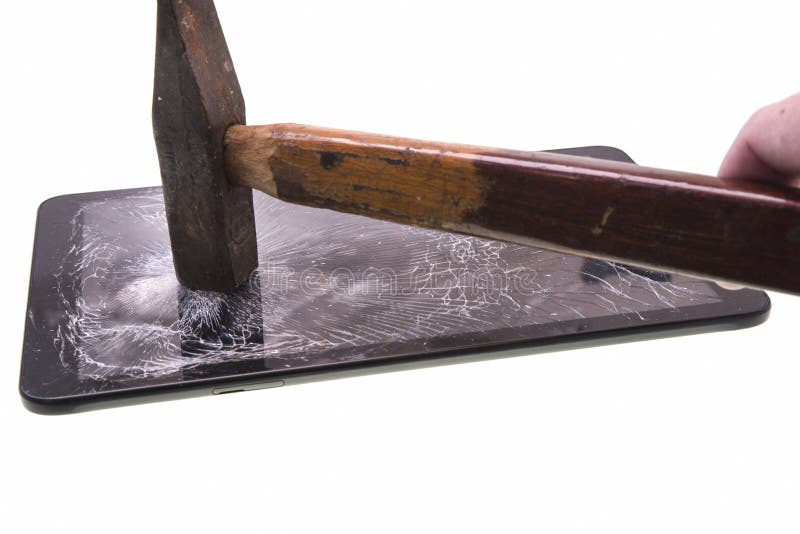 Tablet Screen Broken with Hammer Stock Photo - Image of communication ...