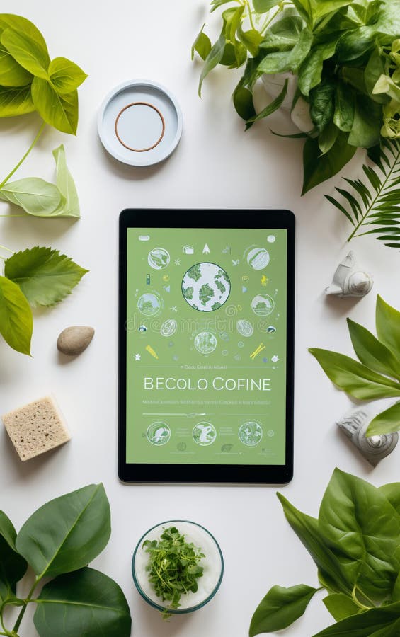 Tablet Screen with Charts and Graphs on Table with House Plants, Eco ...