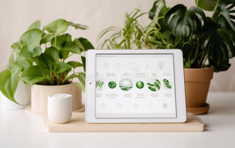 Tablet Screen with Charts and Graphs on Table with House Plants, Eco ...