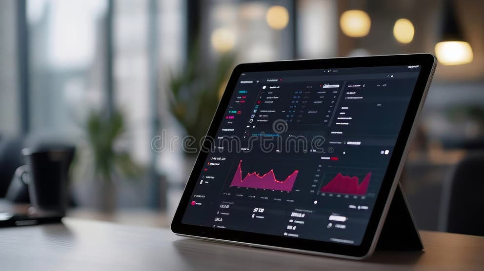 Tablet Screen with Dark Mode Financial Analytics Dashboard in Modern ...