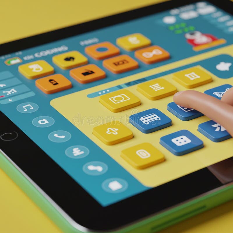Tablet Screen Displaying a Colorful Coding Interface with Square ...