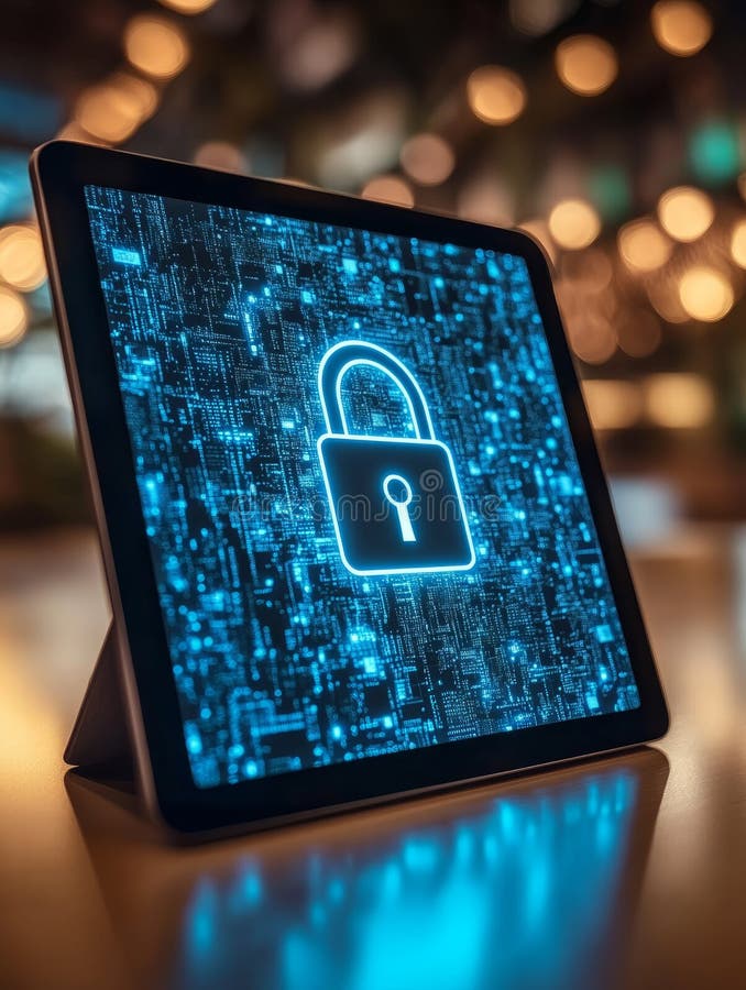 Tablet Screen Displaying a Glowing Lock Icon Symbolizing Cybersecurity ...