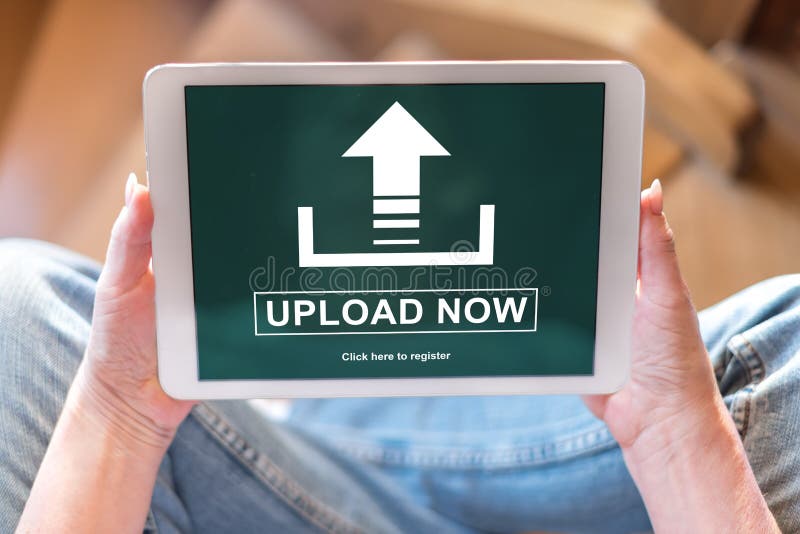 Upload concept on a tablet stock photo. Image of symbol - 100634152