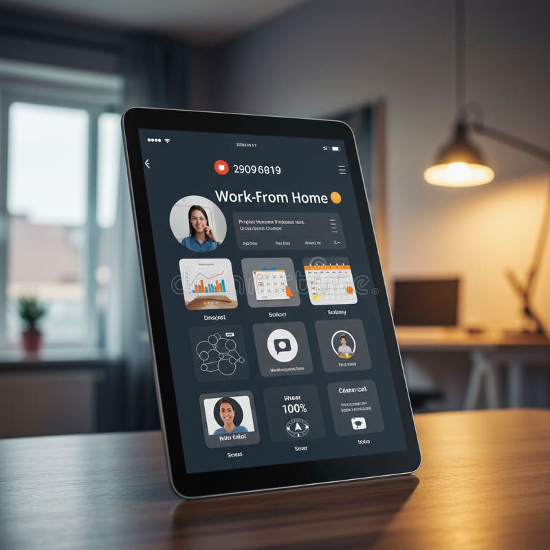 Tablet Screen Displaying a Work-from-home Dashboard. the Interface ...