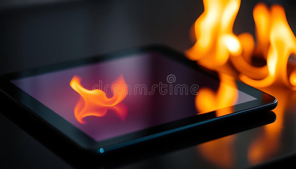 Tablet Screen with Fire Reflection, Digital Display, Technology ...