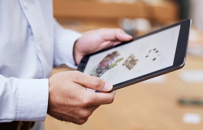 Tablet Screen, Man Hands and Online Architect Design on a Software App ...