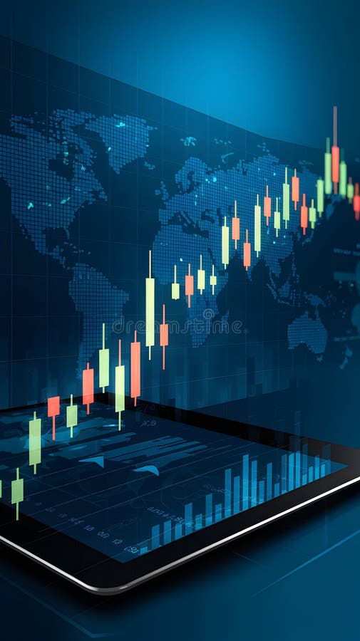 Tablet Screen with Rising Stock Chart, Deep Blue Backdrop Emphasizes ...