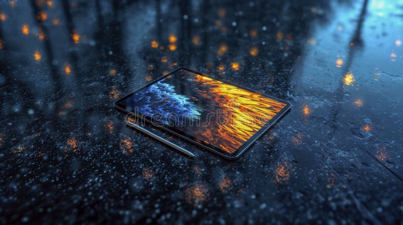 Vibrant Tablet Screen with Abstract Fire and Ice Imagery on Wet Surface ...
