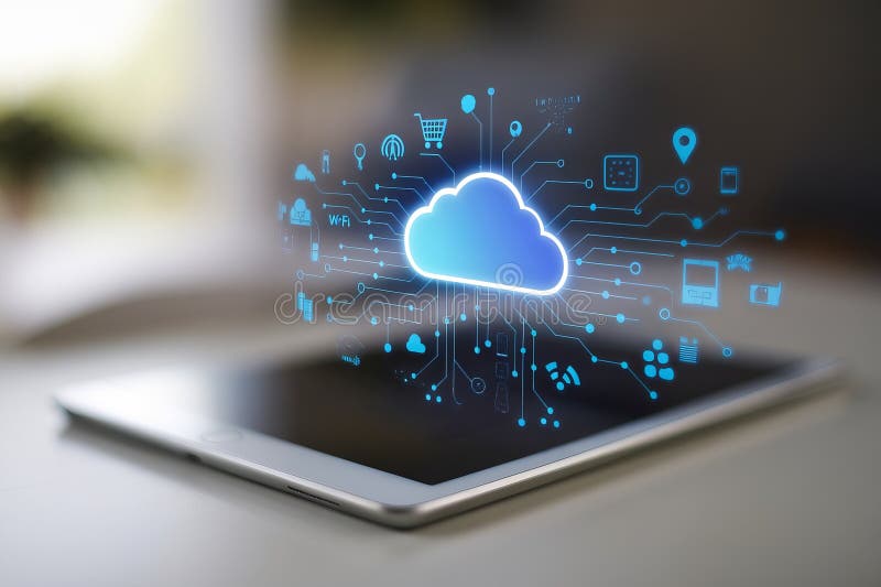 Tablet Showcasing Cloud Tech Concepts Stock Illustration - Illustration ...