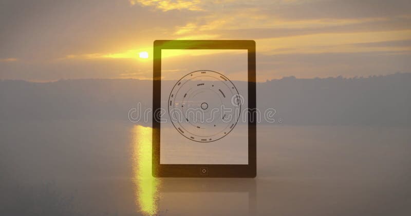 Tablet Showing Circular Data Animation Against Serene Sunset Landscape ...