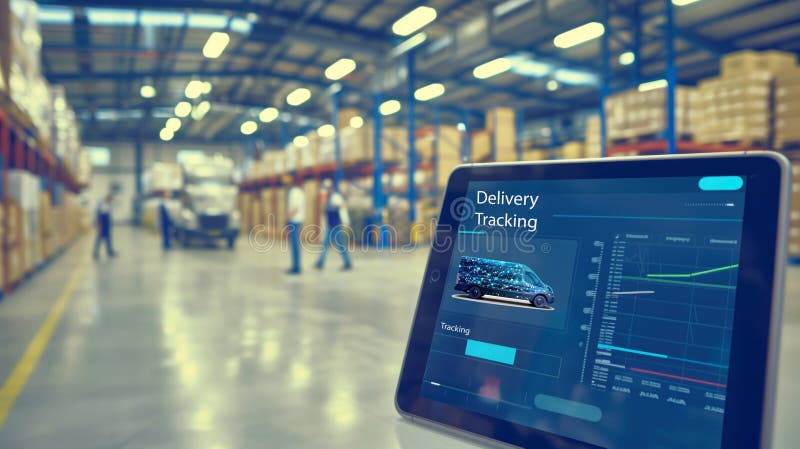 Tablet Showing Delivery Tracking Application in a Warehouse with ...