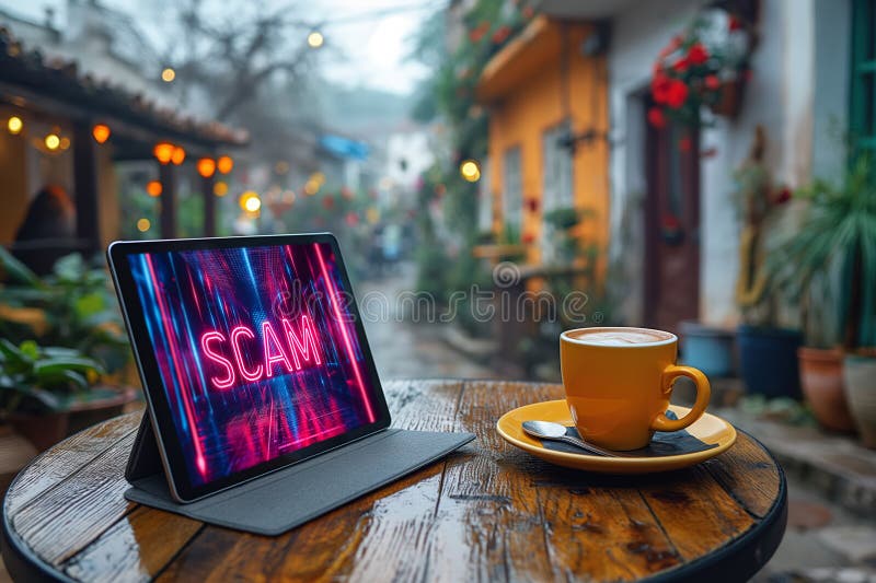 Tablet Showing Scam Warning on Rainy Day in Cafe Stock Illustration ...