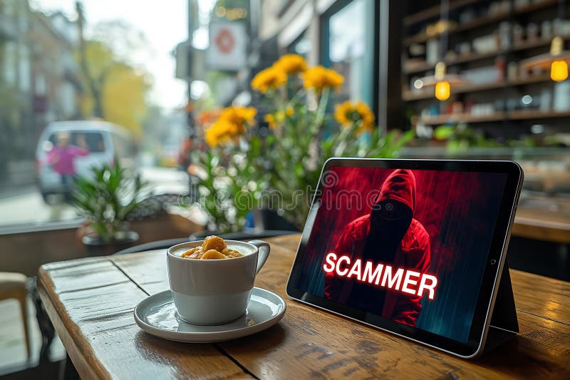 Tablet Showing Scammer Sitting on Cafe Table Stock Illustration ...