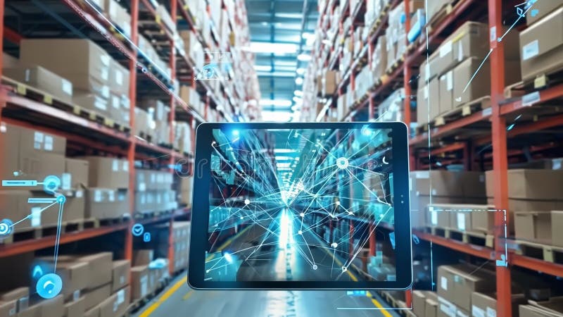 Tablet Showing Warehouse Logistics System with Augmented Reality Stock ...