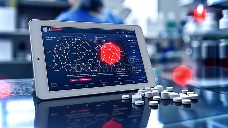 Modern Tablet Displaying Molecular Data in a High-tech Laboratory ...