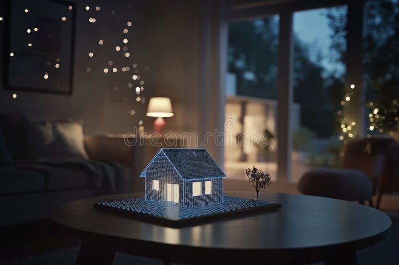 A Tablet Shows a Miniature Model of a House Filled with Icons ...