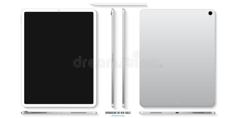 Tablet Silver Color with Black Screen and Stylus, Top View, on White ...