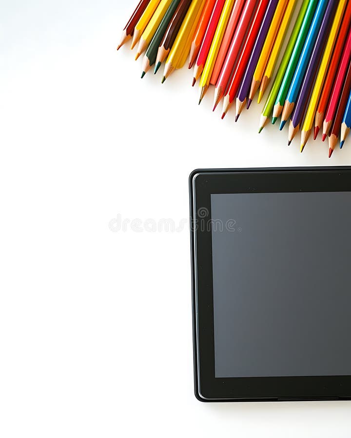 A Tablet Sits on a Table Next To a Pile of Colored Pencils Stock Image ...
