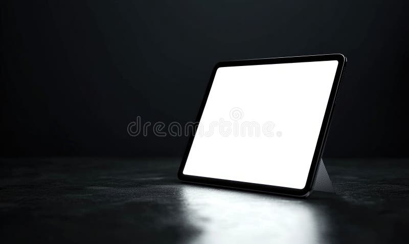 A Tablet is Sitting on a Dark Surface with a White Screen Stock Image ...