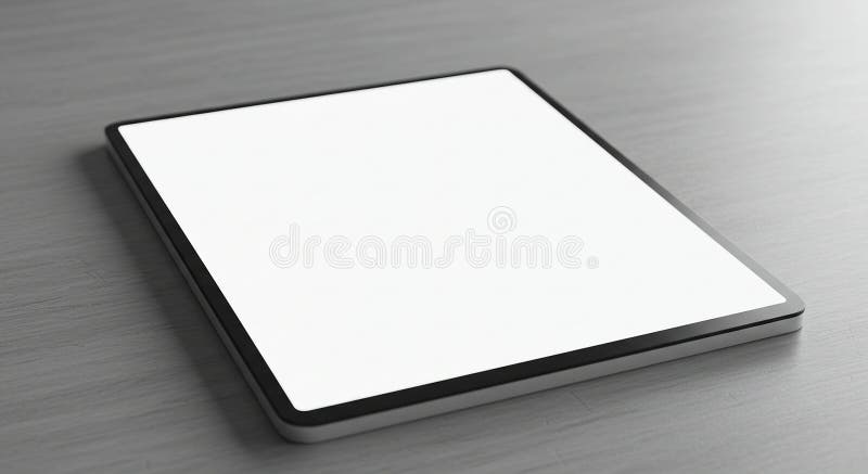 A Tablet with a Sleek Black Frame Lies on a Grey Wooden Surface. Its ...