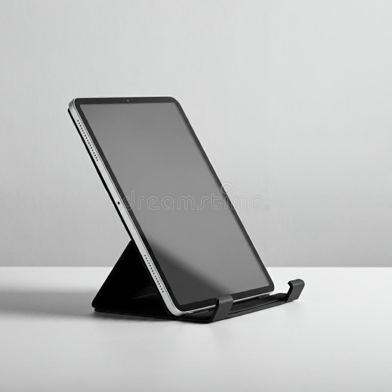 A Tablet with a Sleek, Silver Frame is Displayed on a Black Folding ...