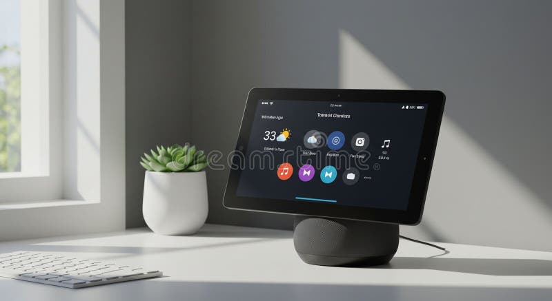 A Tablet with a Smart Home Interface is Displayed on a Black Stand on a ...
