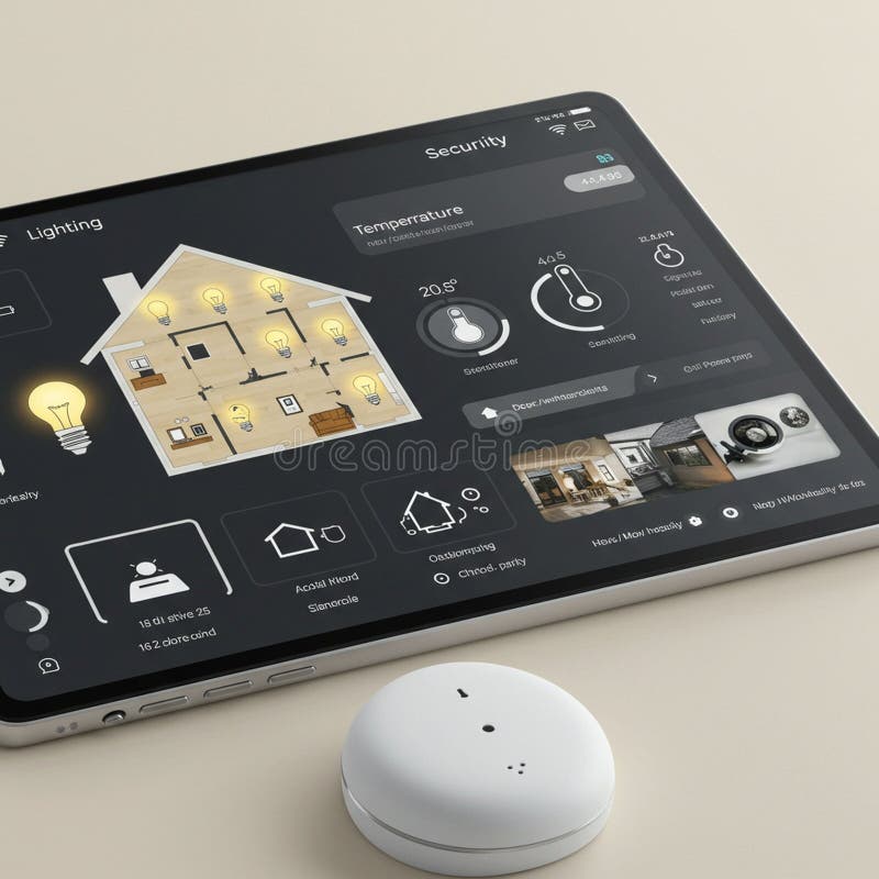 Tablet with a Smart Home Interface Displaying a Diagram of a House ...
