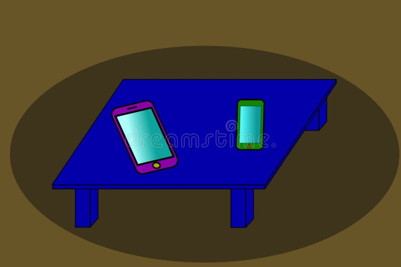 Tablet and Smartphone on Blue Table in Cartoon Style Stock Illustration ...